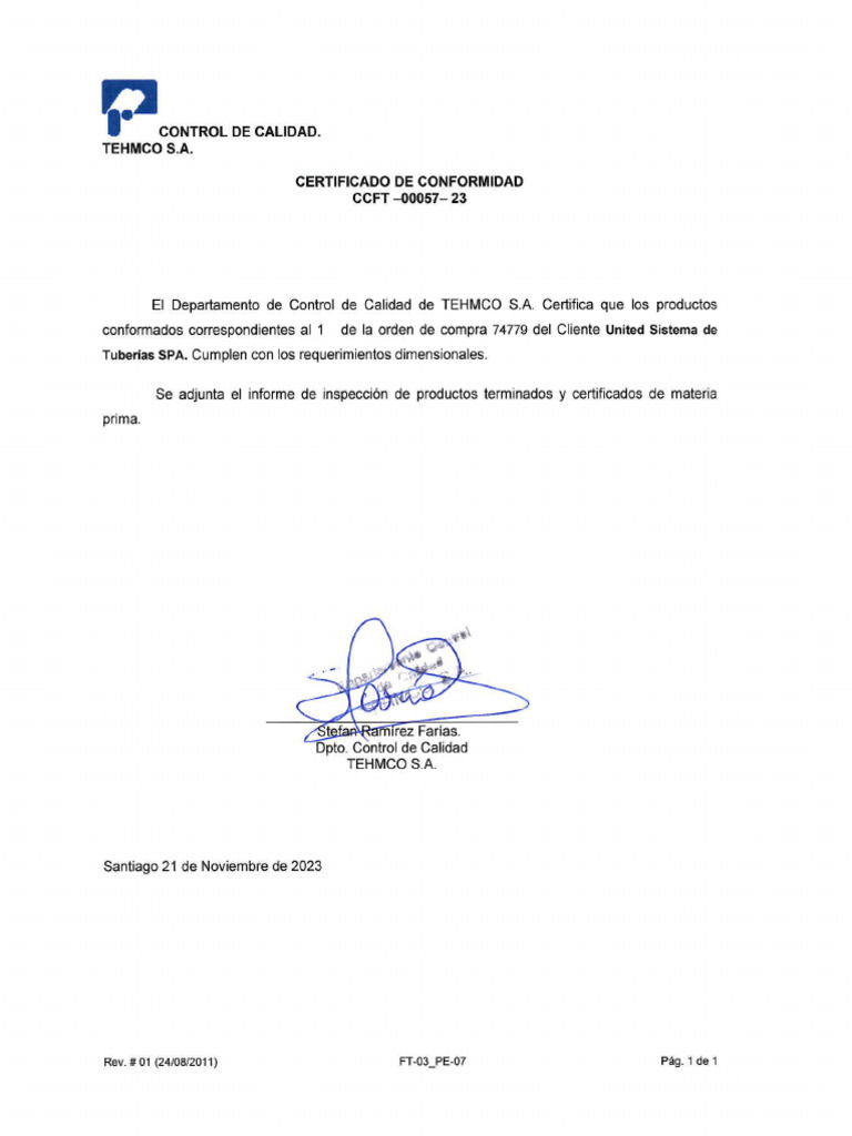 A 19 - CCFT - 00057 - Certificado de Calidad Stub-End OC 74779 | PDF ...
