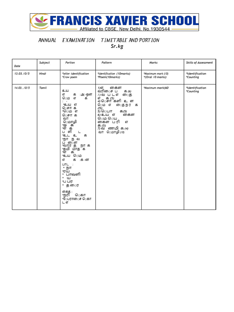 Annual Examination Timetable and Portion SR KG | PDF