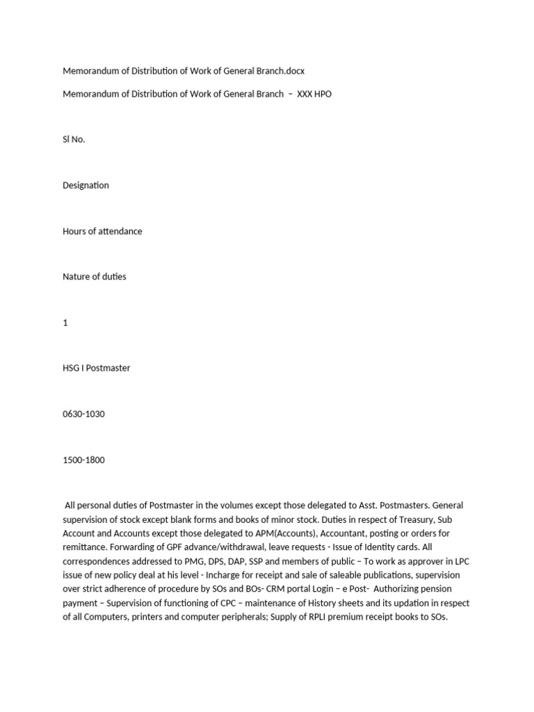 Memorandum of Distribution of Work MDW | PDF | Mail | Cheque
