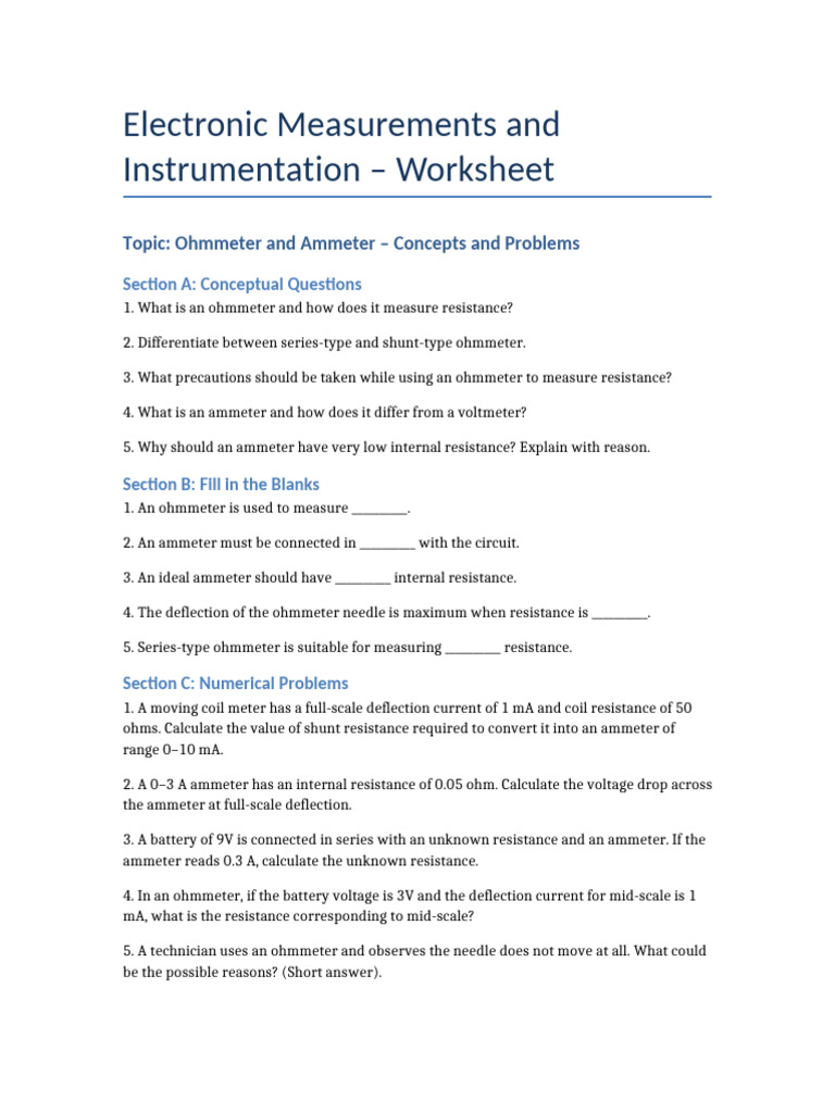 Ohmmeter and Ammeter Concepts Worksheet | PDF