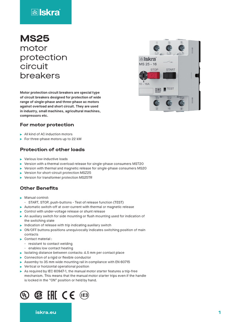 Iskra MS25 Motor Protection Overview | PDF | Switch | Electric Motor