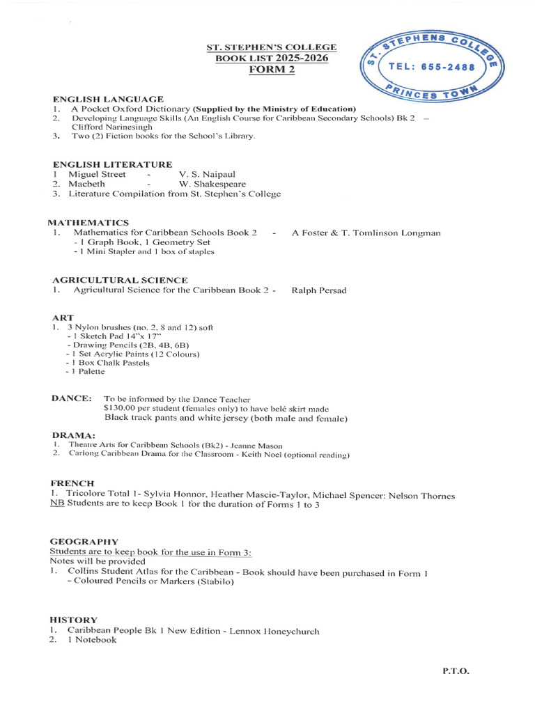 Form 2 Book List 2025-2026 | PDF