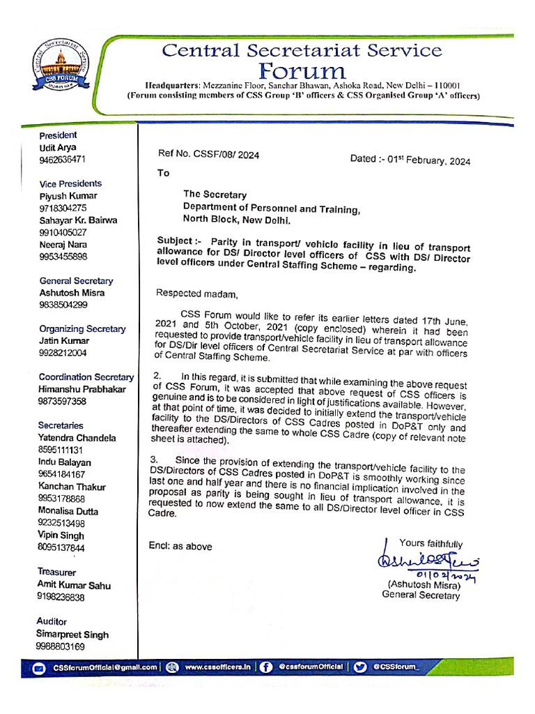 Vehicle Facilities To DS, Dir of CSS - Letter To DoPT | PDF