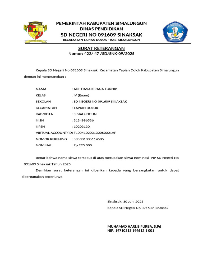 Surat Keterangan Siswa PIP SD Sinaksak | PDF