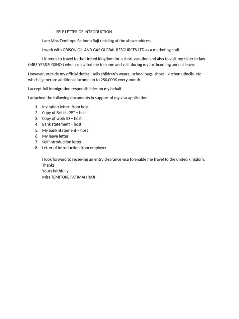Visa Application Introduction Letter | PDF