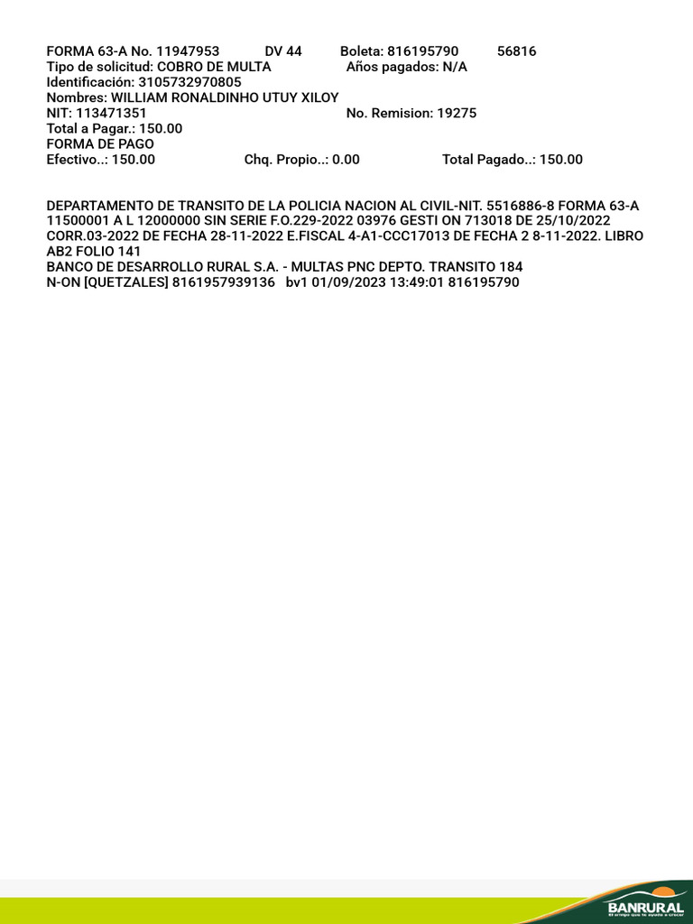 Recibo Pago Multa 2023-09-01 | PDF