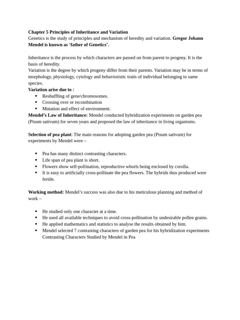 Chapter 5 Principles of Inheritance and Variation Gregor Johann Mendel Is Known As Father of ...