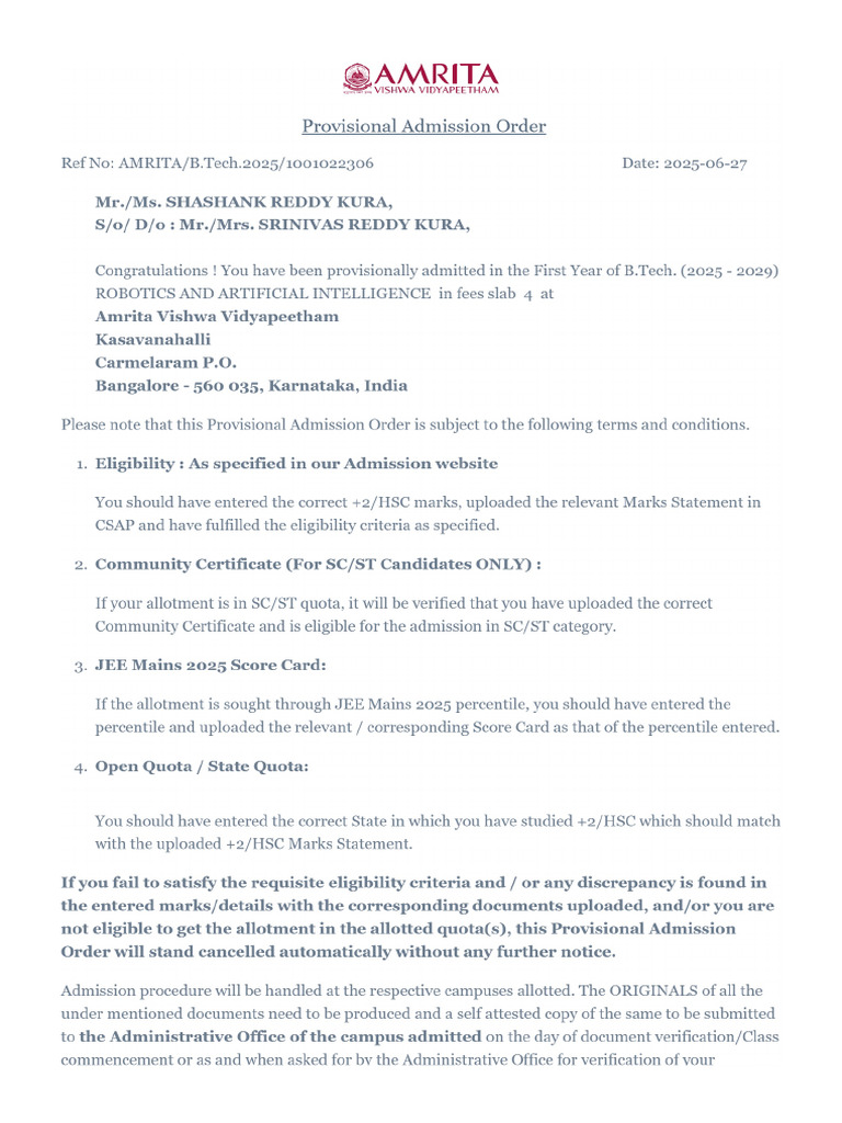 Provisional Admission Order | PDF