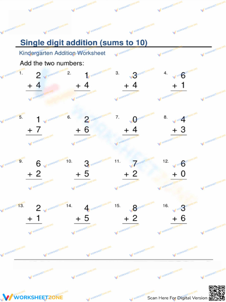 Single Digit Addition Worksheet For Kindergarten | PDF