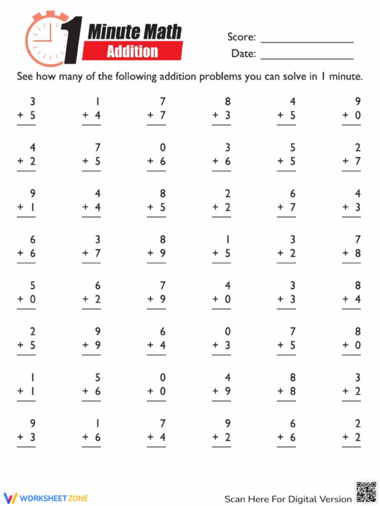 1-Minute Math Addition Worksheet | PDF