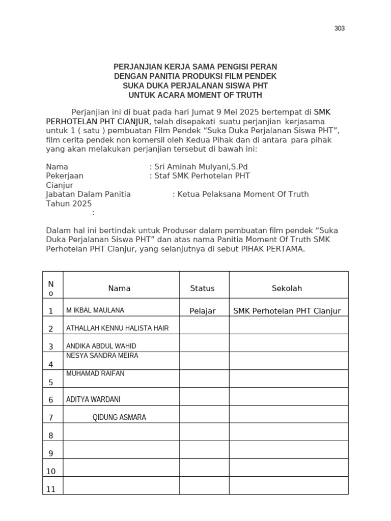Graduasi 2025 - Perjanjian Pemeran Film Pendek PHT | PDF