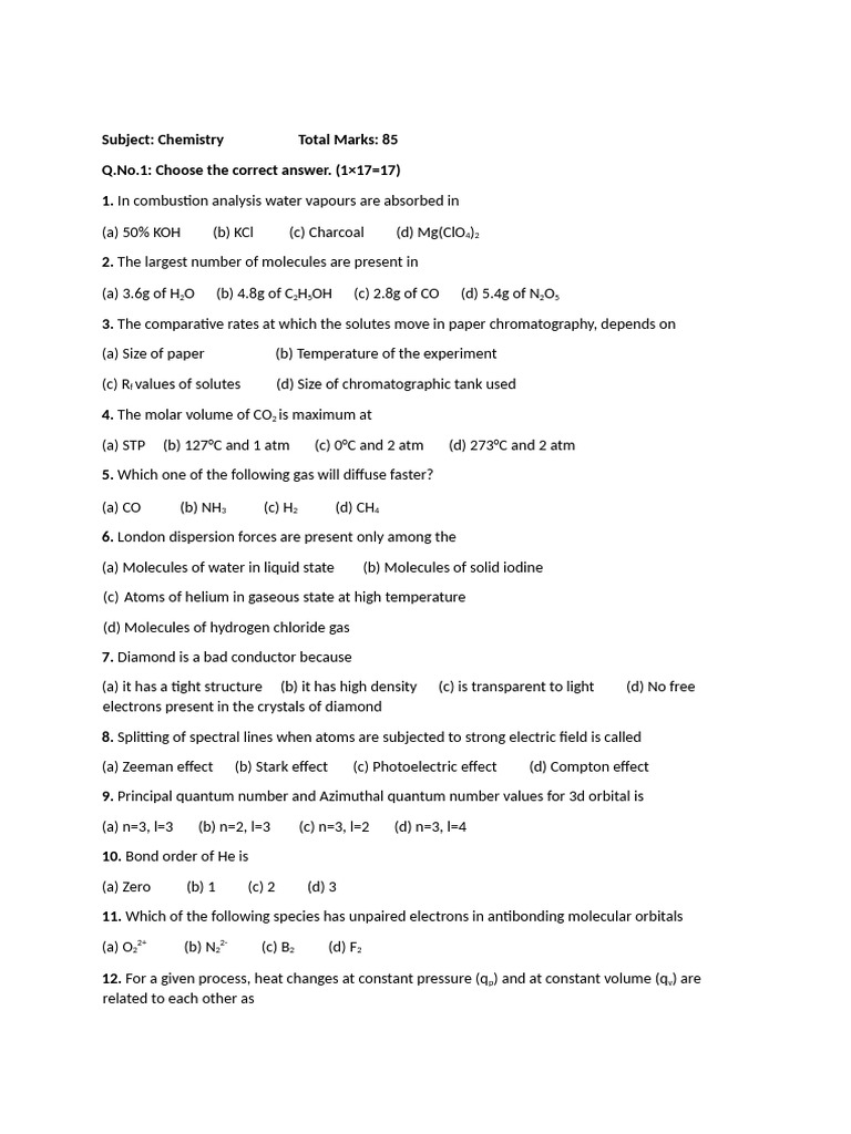 Intermediate 1 Chemistry Pre Board | PDF | Molecular Orbital | Molecules