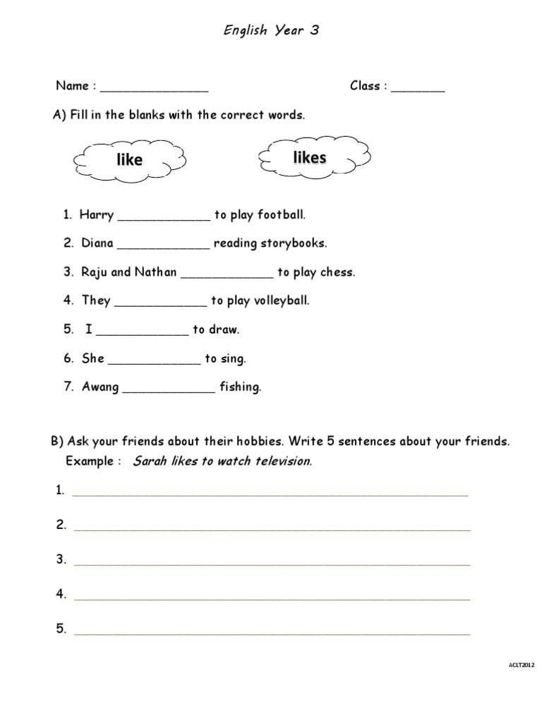 English Year 3 - Hobbies Worksheet 01 | PDF