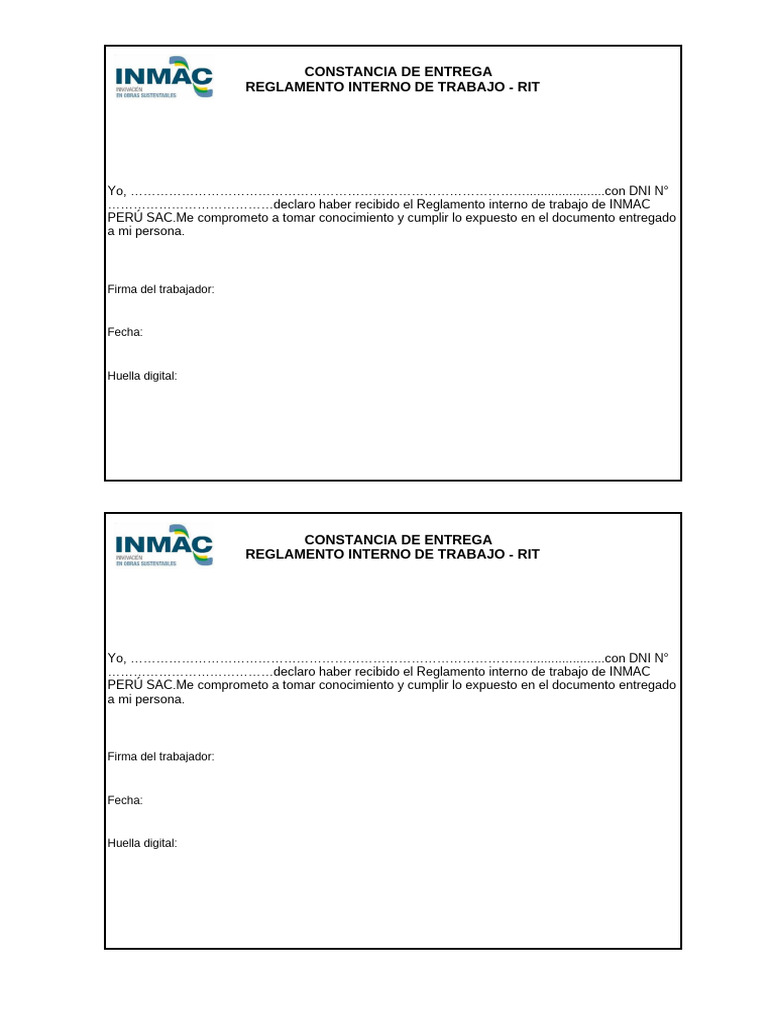 Constancia de Entrega RIT INMAC PERÚ SAC | PDF