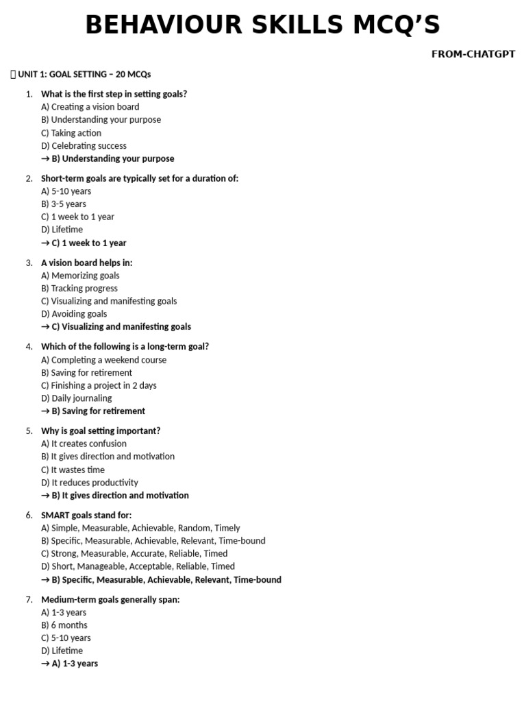 Essential MCQs on Goal Setting | PDF | Time Management | Professional ...