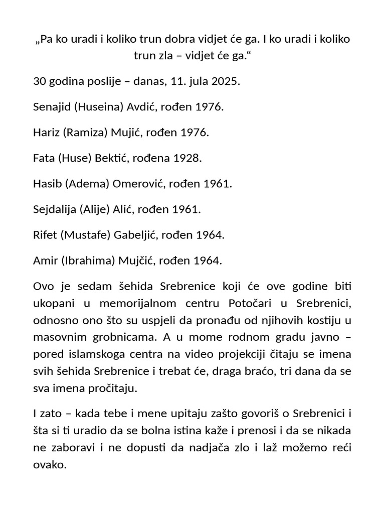 Hutba o Srebrenici, 11. Juli 2025.godine | PDF
