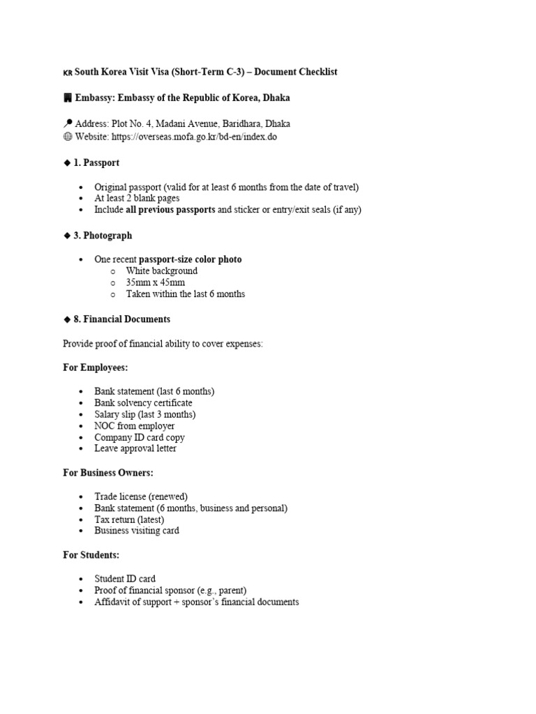 South Korea Visa Checklist for Bangladeshis | PDF