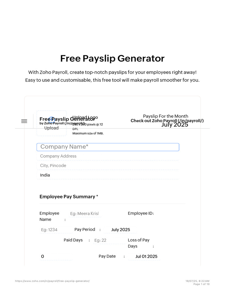 Free Online Payslip Generator - India - Zoho Payroll | PDF | Payroll ...