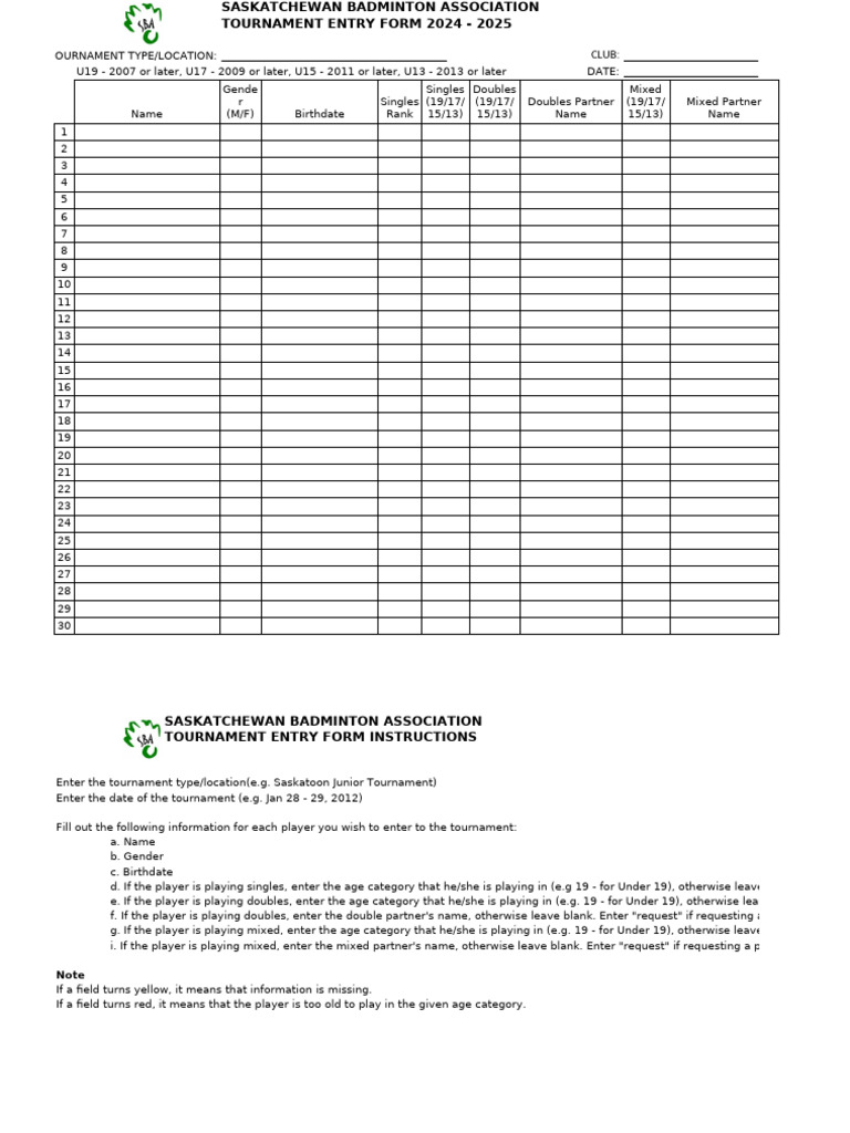 2024-2025 Badminton Entry Form | PDF