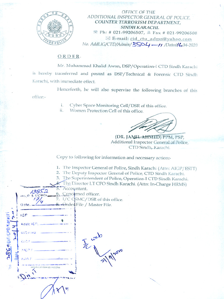 Order Regarding Transfer of DSP Mr. Muhammad Khalid Awan (3504-11) | PDF