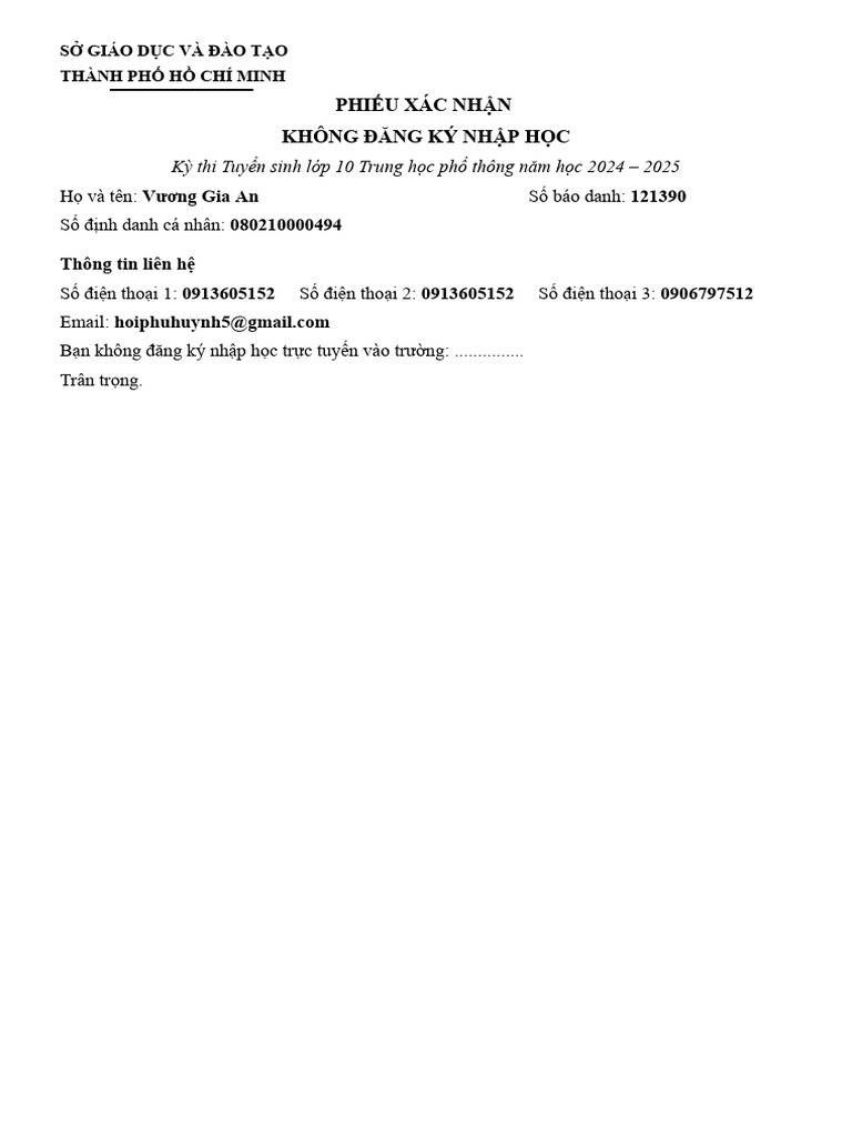Phieu Xac Nhan Nhap Hoc VuongGiaAn | PDF