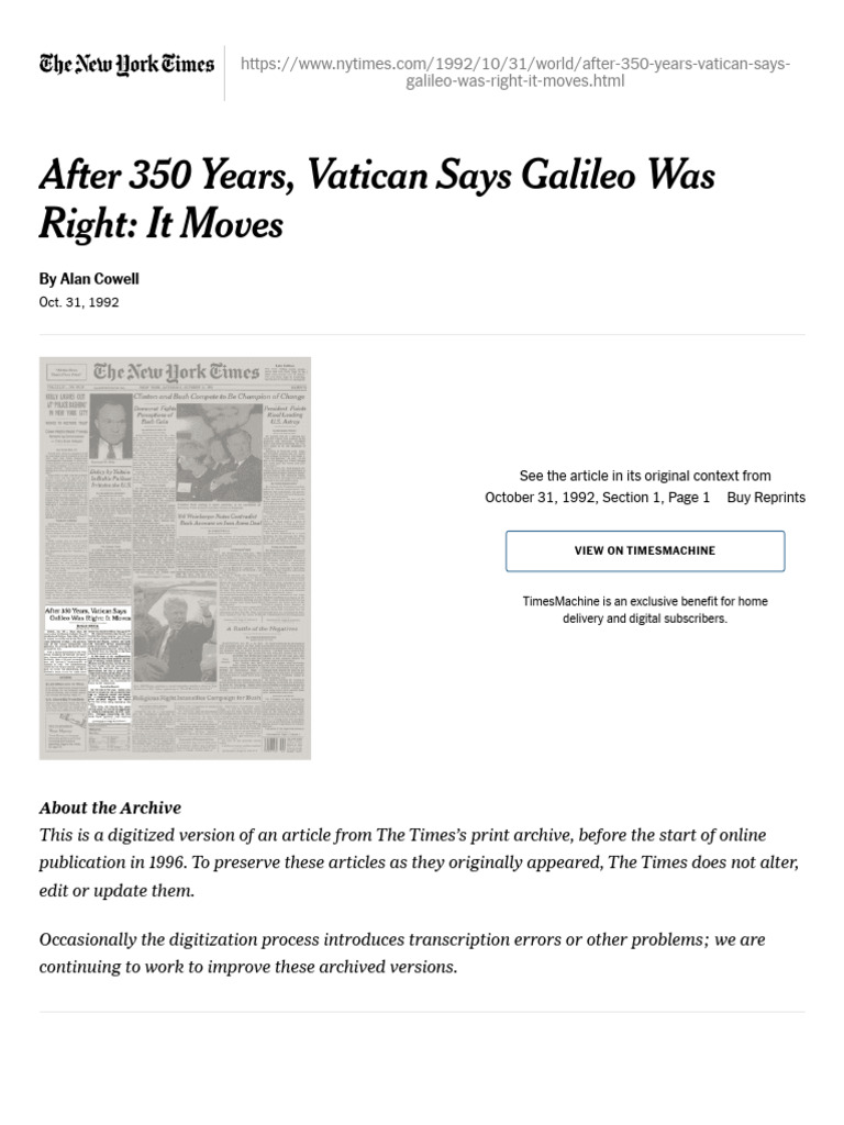 After 350 Years, Vatican Says Galileo Was Right - It Moves - The New ...