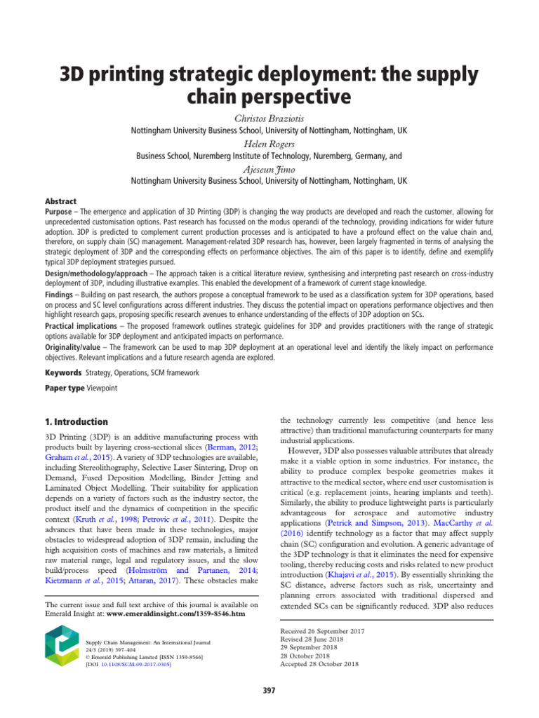 3D Printing Strategic Deployment: The Supply Chain Perspective | PDF ...