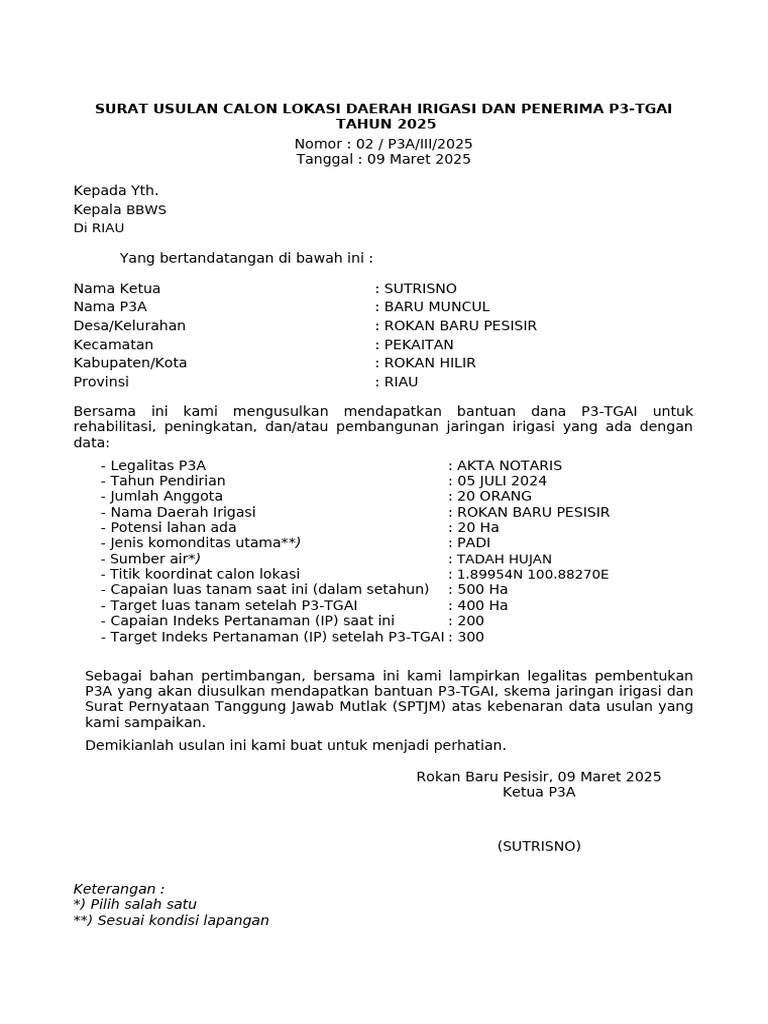 Contoh Surat Usulan 2025 - P3-TGAI-SPTJM BARU MUNCUL | PDF