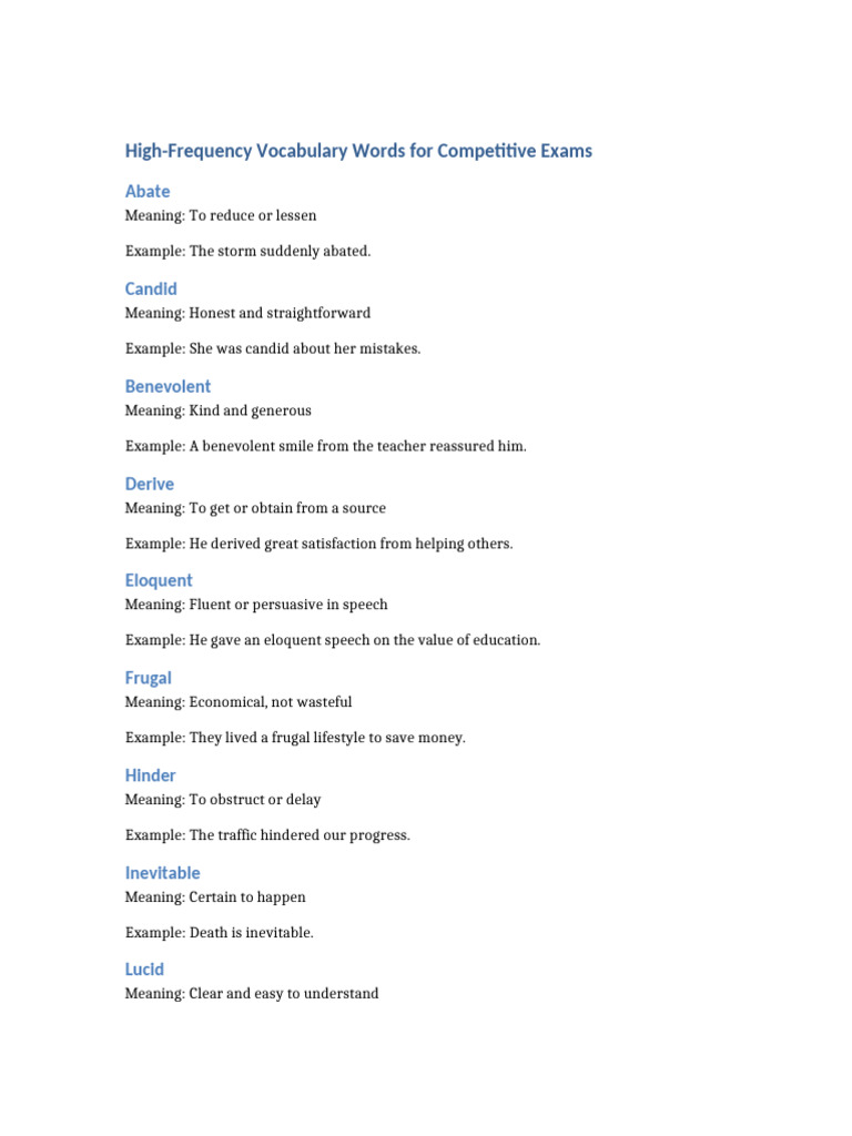 High Frequency Vocabulary Competitive Exams | PDF