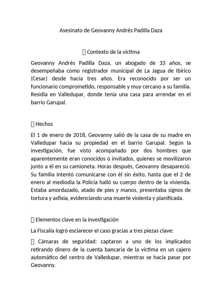 Asesinato de Geovanny Andrés Padilla Daza | PDF | Violencia | Crímenes