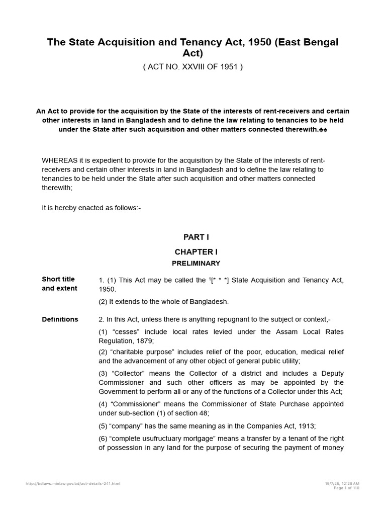 The State Acquisition and Tenancy Act, 1950 (East Bengal Act) | PDF ...