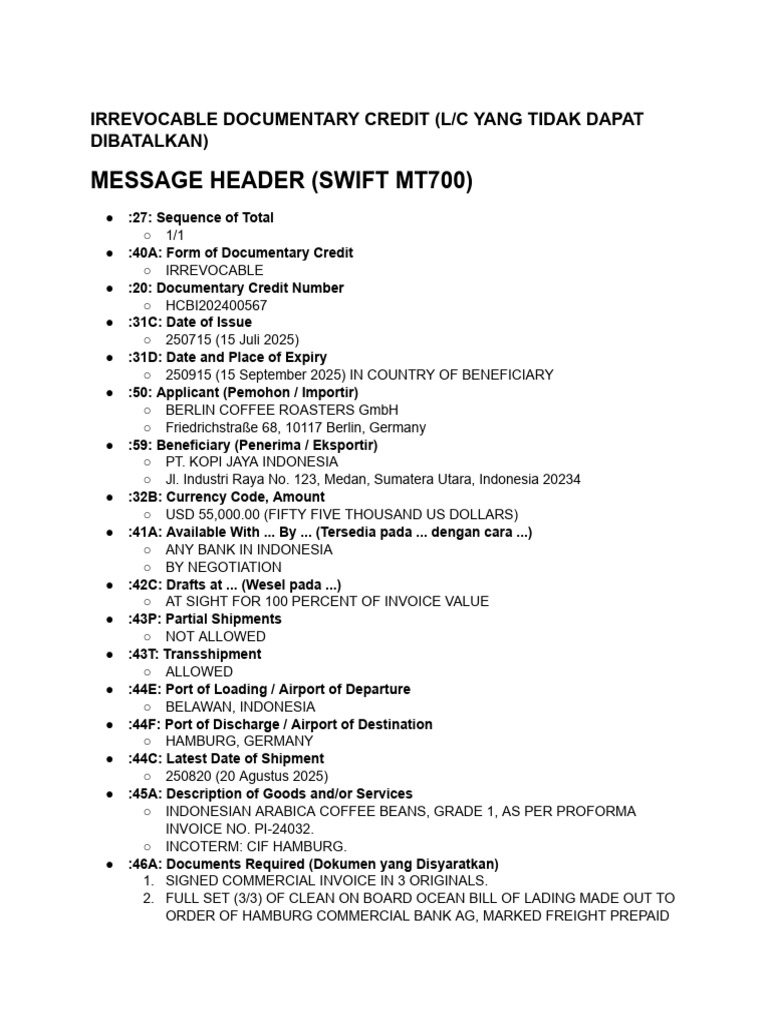 Contoh L/C Irrevocable untuk Ekspor | PDF | Trade | International Trade