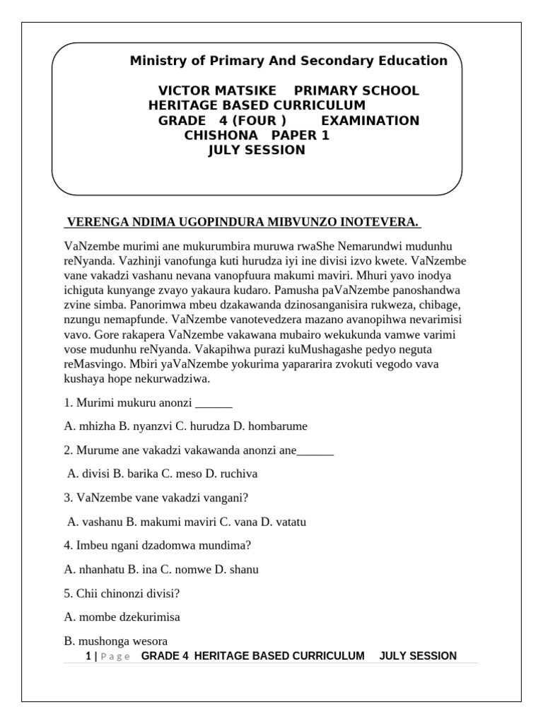 July Session Hbs Grade 4 Exams Final | PDF | Curriculum