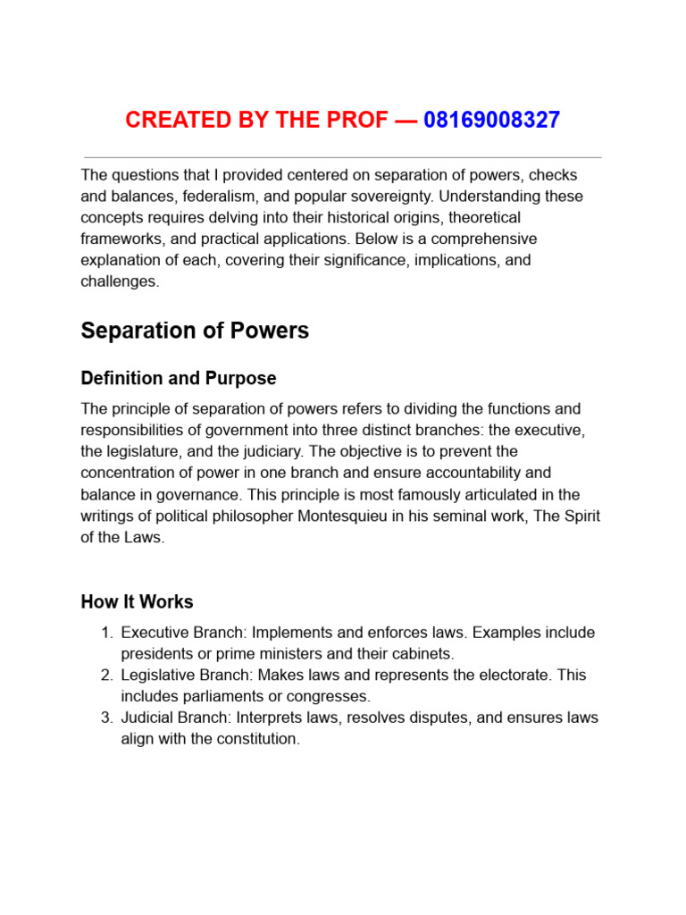 Key Principles of Government Explained | PDF | Separation Of Powers ...