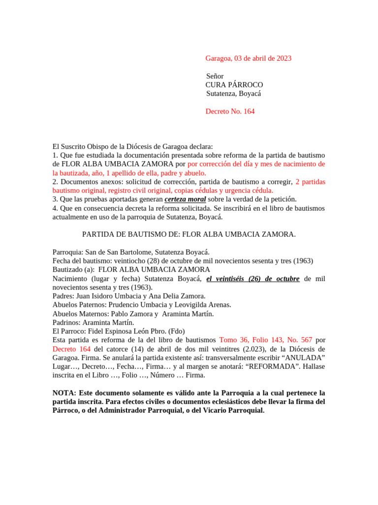 Correcion Partida Flor Alba Umbacia | PDF