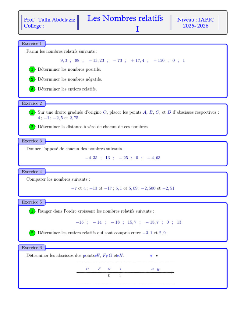 Exercices sur les Nombres Relatifs | PDF