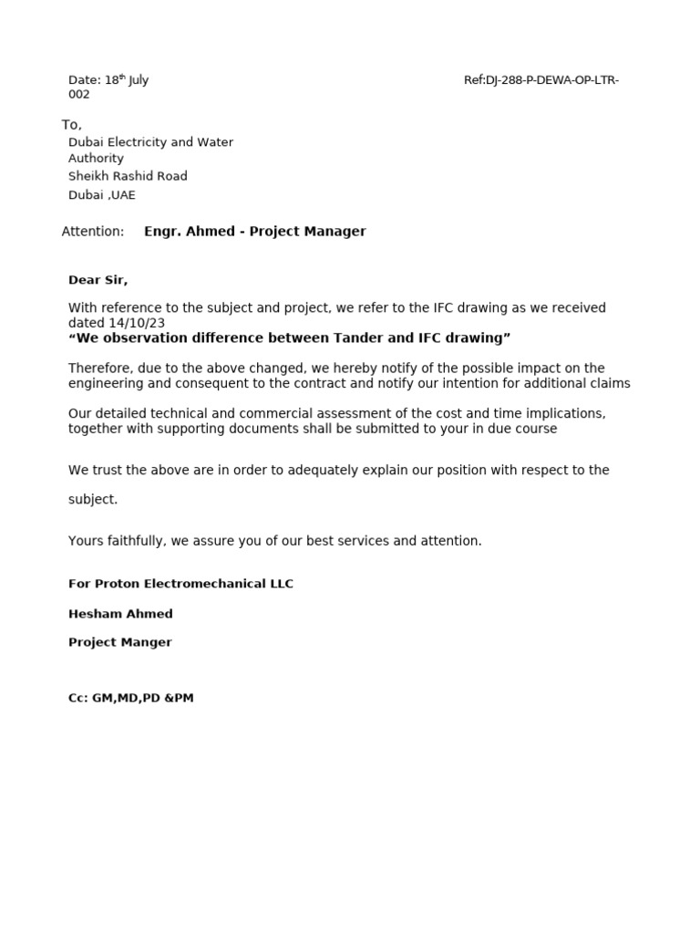 PEM-E152-001-23 Notification of Changed Between Tander and IFC Drawing ...