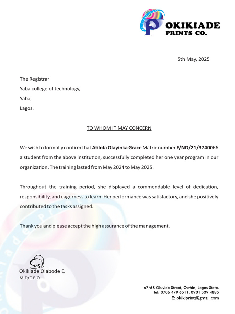 Atilola Letter | PDF