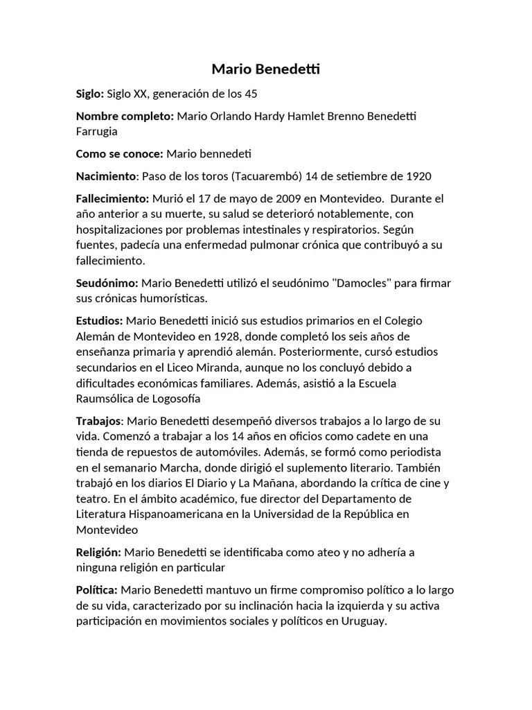 Vida y legado de Mario Benedetti | PDF