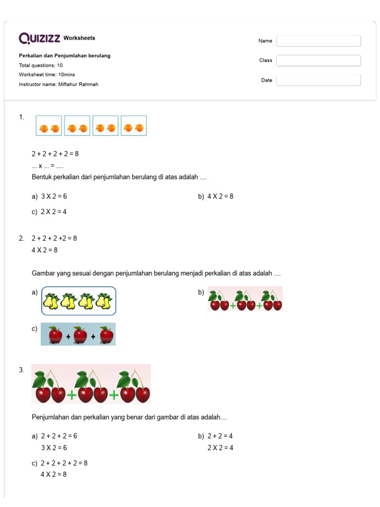 Quizizz - Perkalian Dan Penjumlahan Berulang | PDF