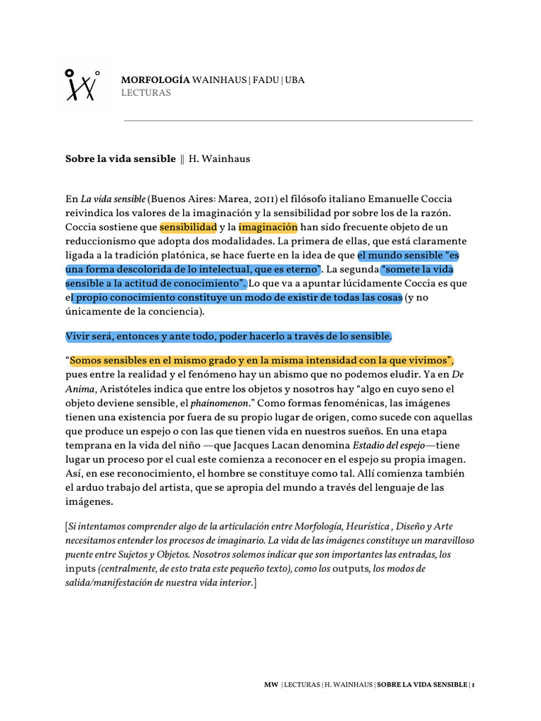 Sobre La Vida Sensible - H. Wainhaus - Lecturas MW | PDF