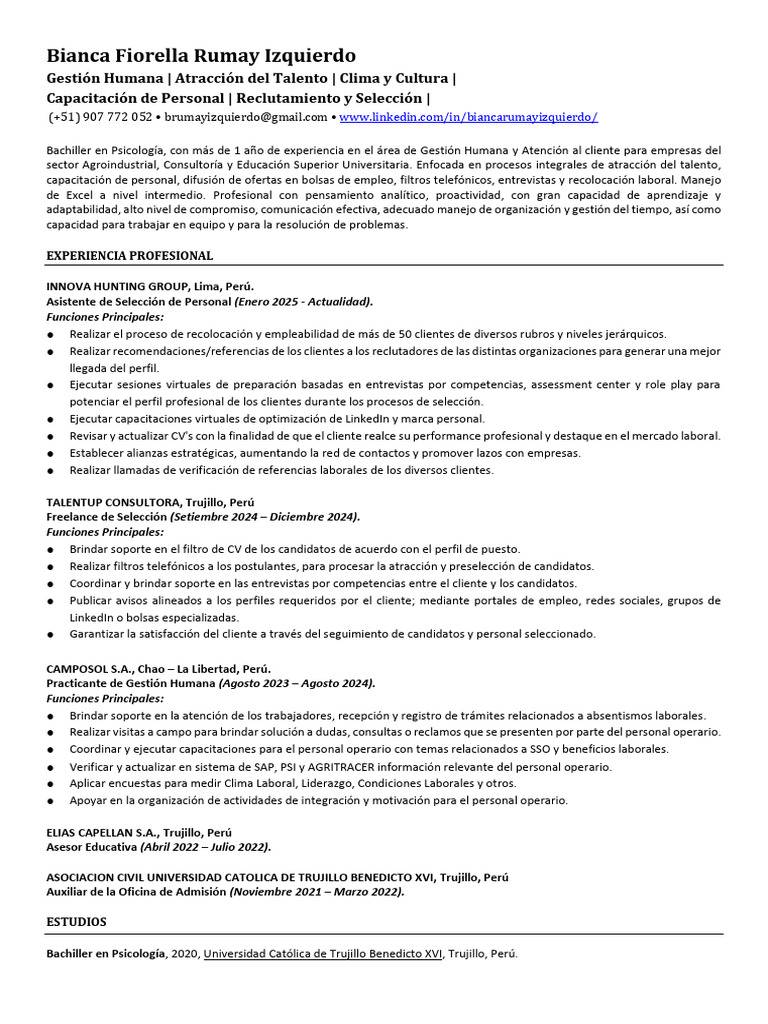 CV Bianca Rumay | PDF | Perú | Reclutamiento