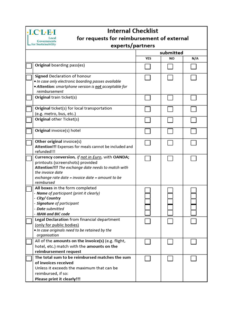 Checklist - Request For Reimbursement External Experts and Partners | PDF