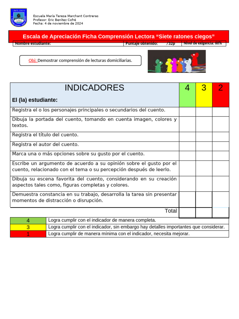 Escala de Apreciacion Comp Lectora-Siete Ratones Ciegos | PDF