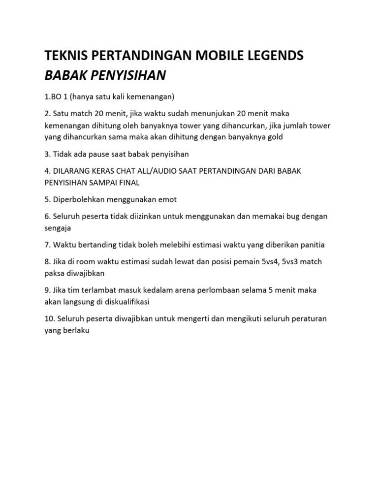 Teknis Pertandingan Mobile Legends Babak Penyisihan | PDF