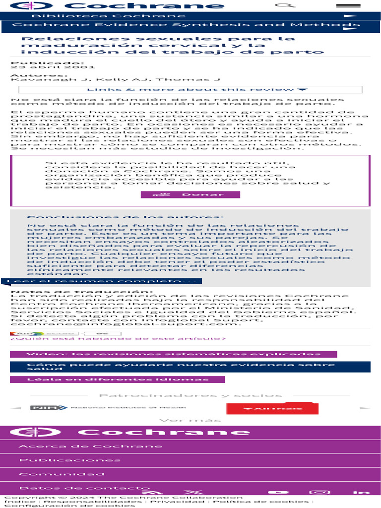Relaciones Sexuales para La Maduración Cervical y La Inducción Del Trabajo de Parto Cochrane ...