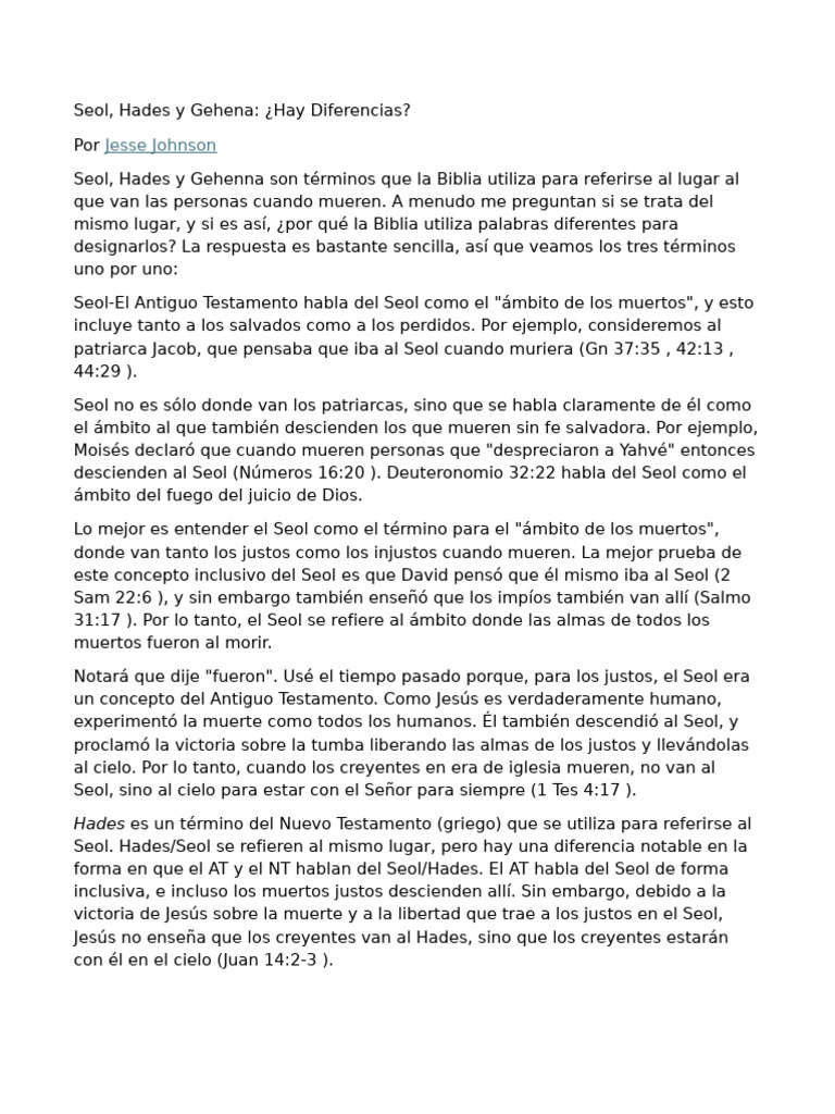 Estudio Diferencia Seol Hades Gehena | PDF | Creencia religiosa y doctrina | Contenido bíblico