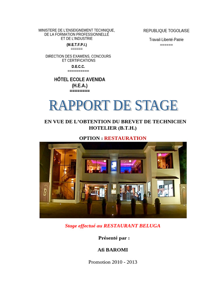 Rapport de stage au restaurant Beluga | PDF | sauce | Chocolat