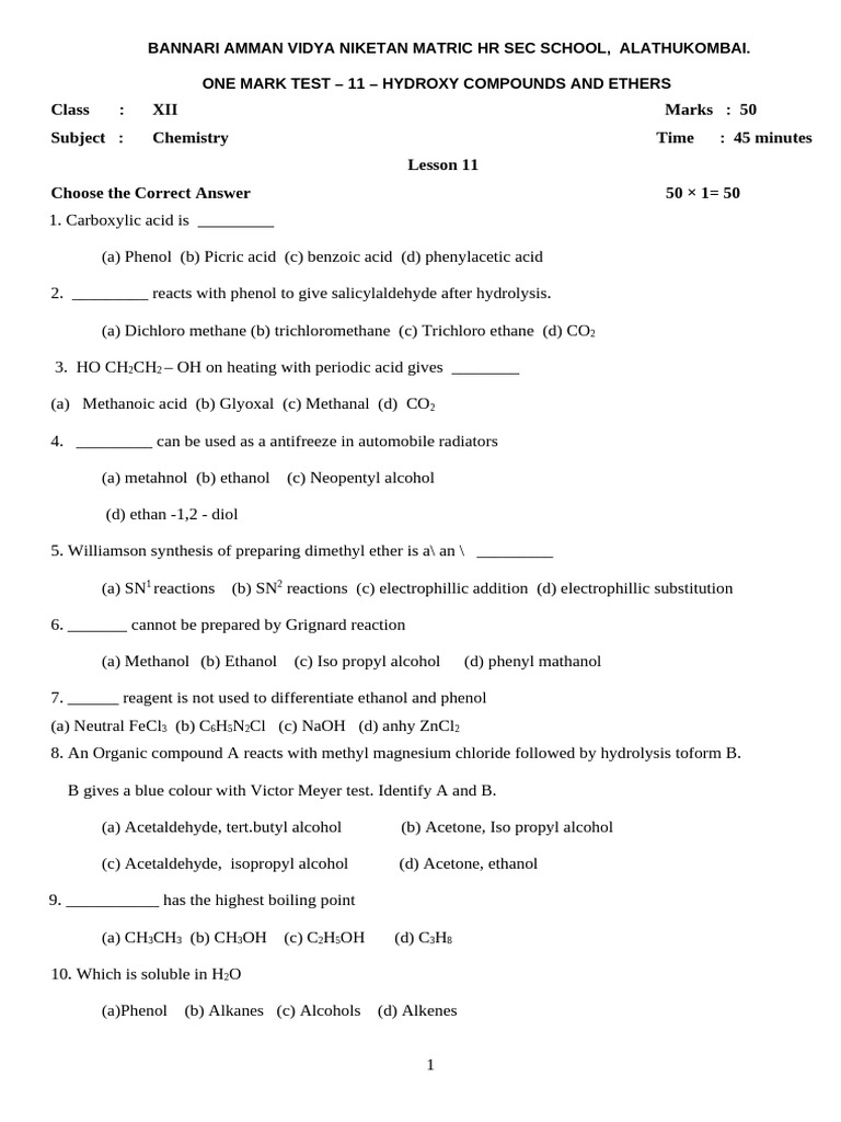 Hydroxy Compounds and Ethers Test | PDF | Ether | Ethanol