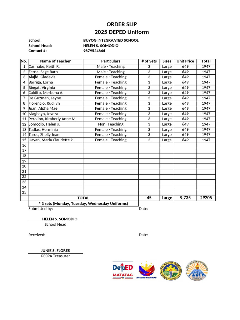 Order Slip For 2025depedunifromBUYOG Is | PDF